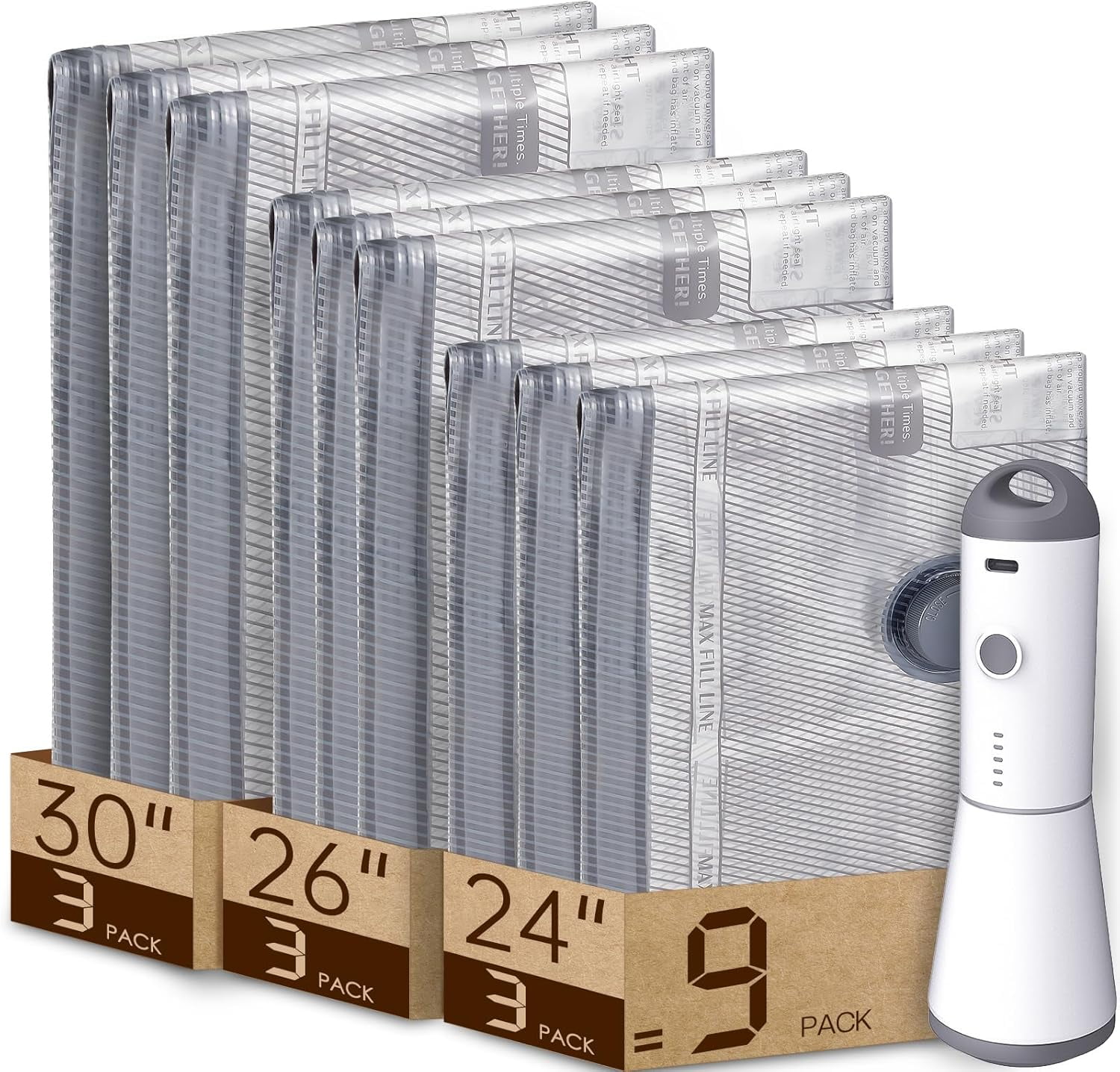 Cordless Travel Vacuum Bag Set with Rechargeable Pump - 6/8/12/15 Packs ...
