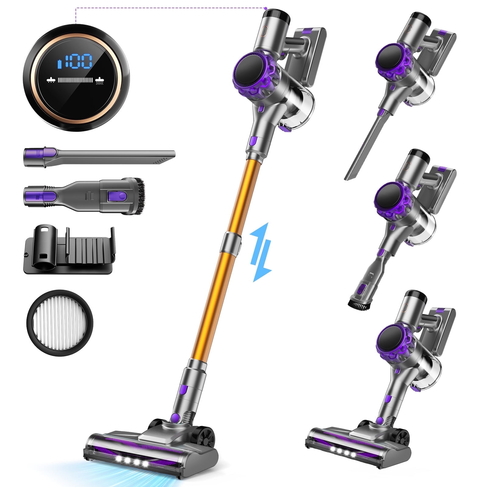 Cordless Vacuum Cleaner, 350W 35Kpa Powerful Stick Vacuum, with LED ...