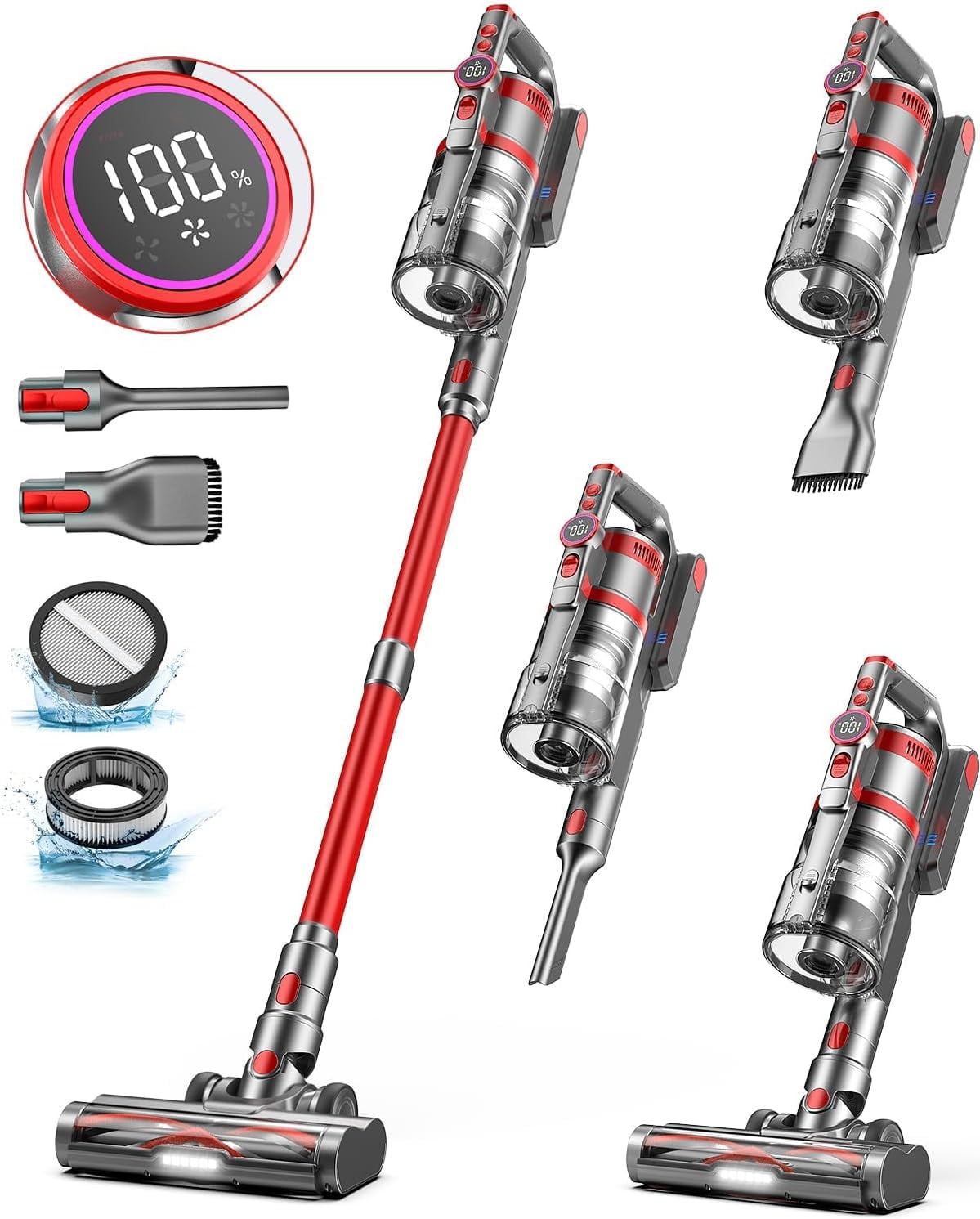 Cordless Vacuum Cleaner, 45KPA/550W Stick Vacuum with LED Screen, Max ...