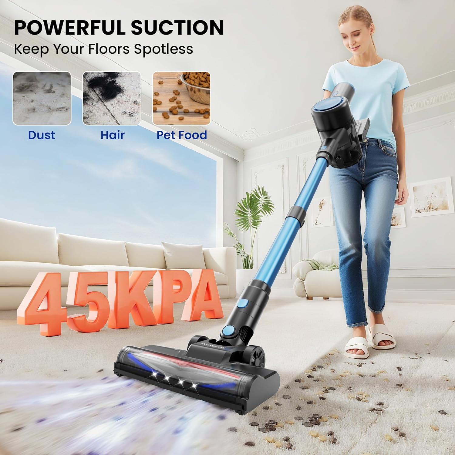 Cordless Vacuum Cleaner, 45kPa 55Mins Vacuum Cordless Rechargeable ...