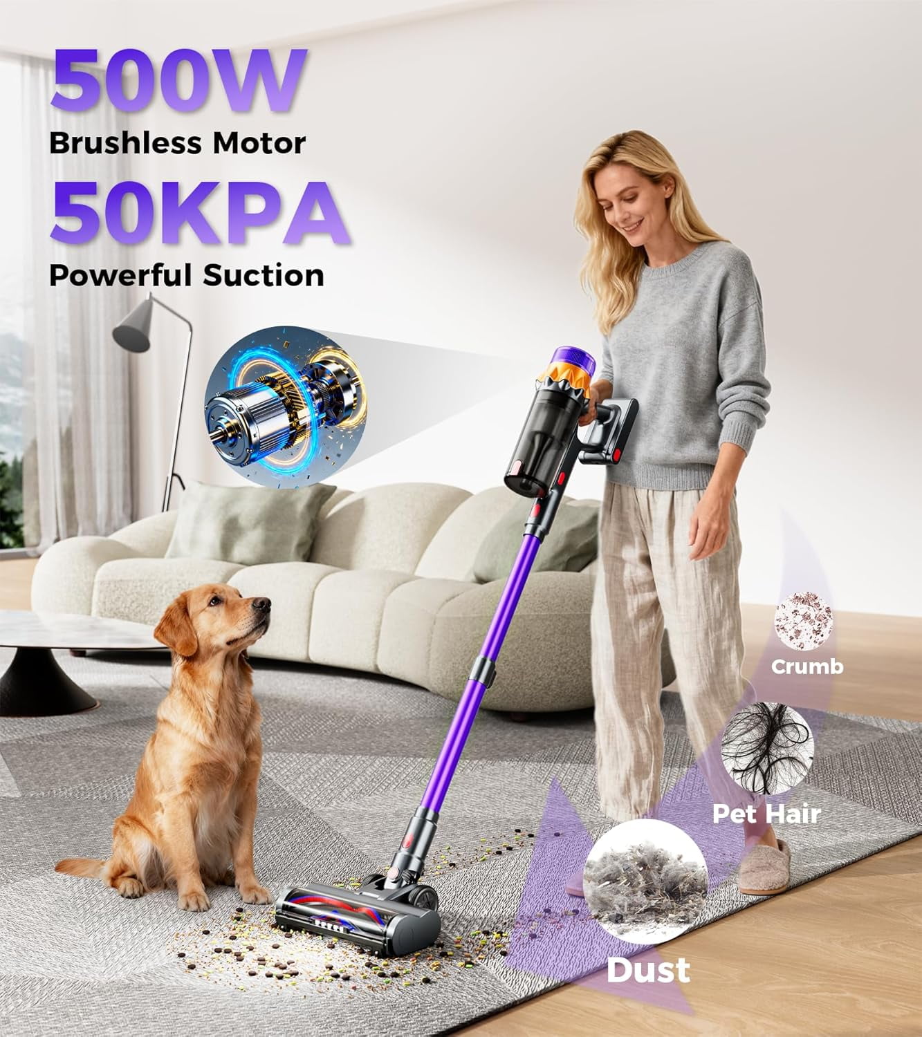 Cordless Vacuum Cleaner, 500W 50KPA 60Mins Vacuum Cleaners for Home ...