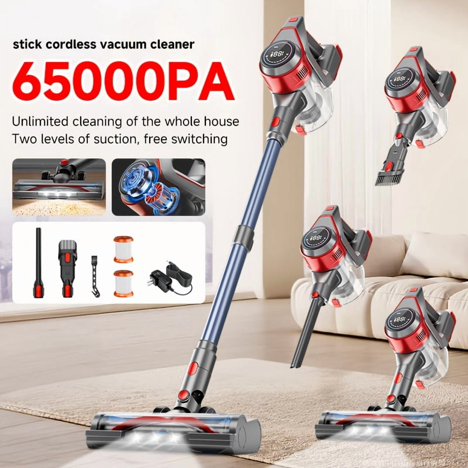 Cordless Vacuum Cleaner, 65Kpa Stick Vacuum, Lightweight, 45-Min ...