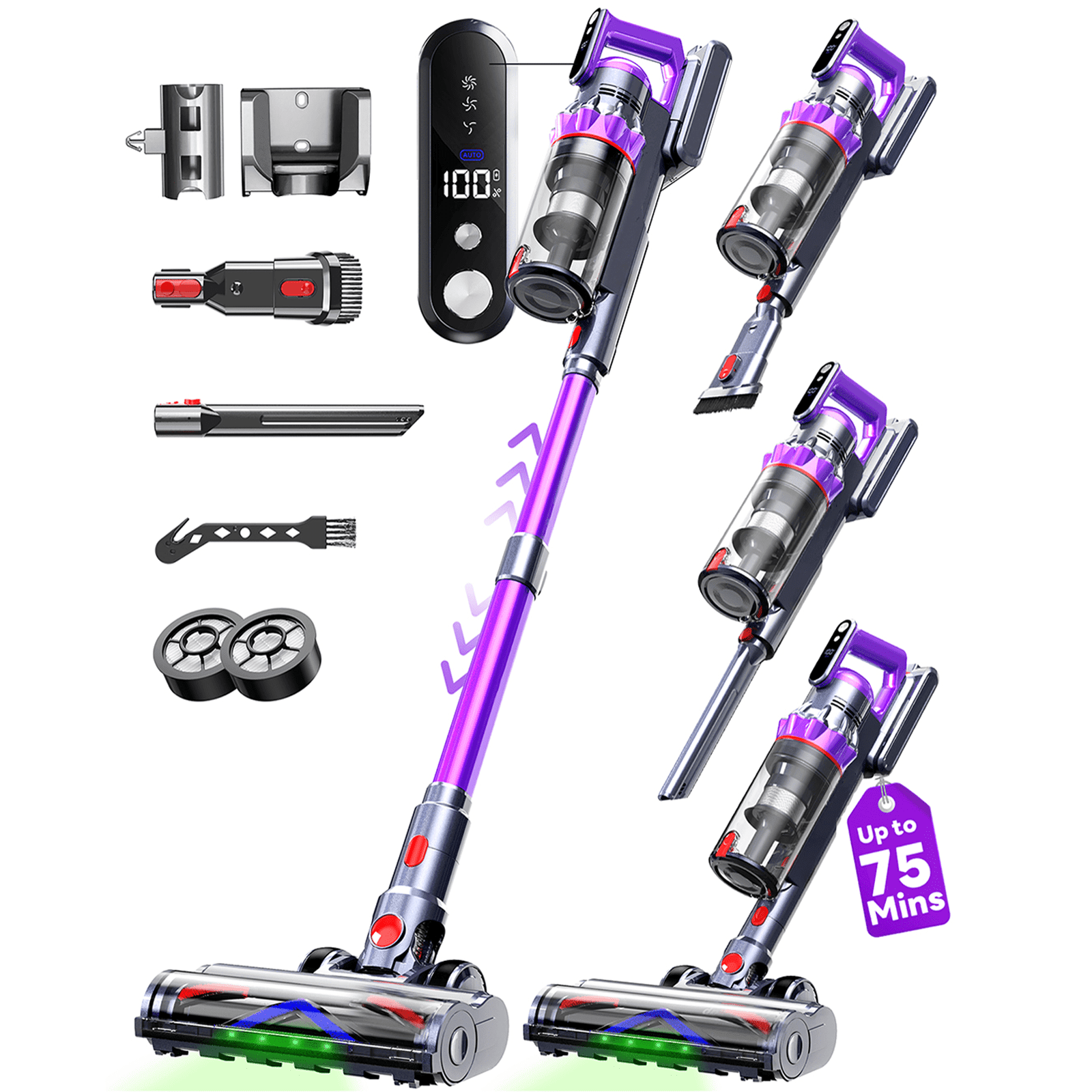 Cordless Vacuum Cleaner,55KPa/75 Mins Runtime with Auto Mode & 3 Speeds ...
