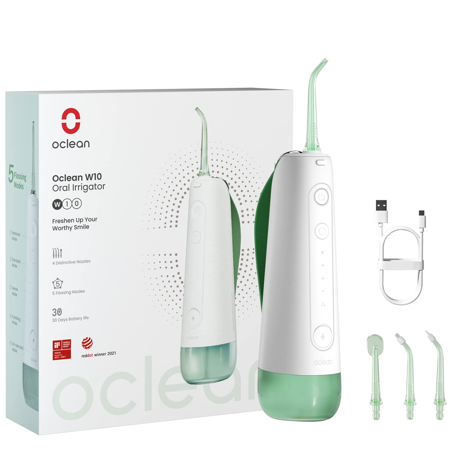 Cordless Water Flosser for OIF8 Teeth Oclean W10, Portable with 5 Flossing Modes & 4 Replaceable ...