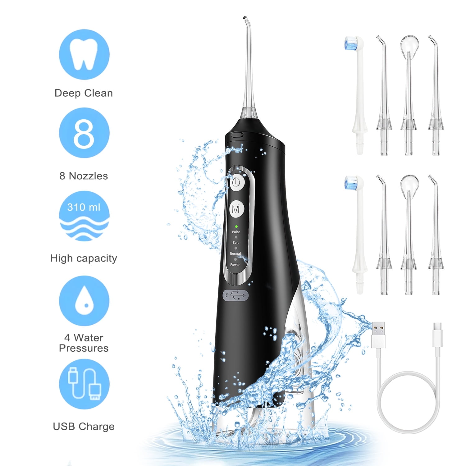 Cordless Water Flosser, Portable Dental Teeth Cleaner, 310ML Tank USB ...