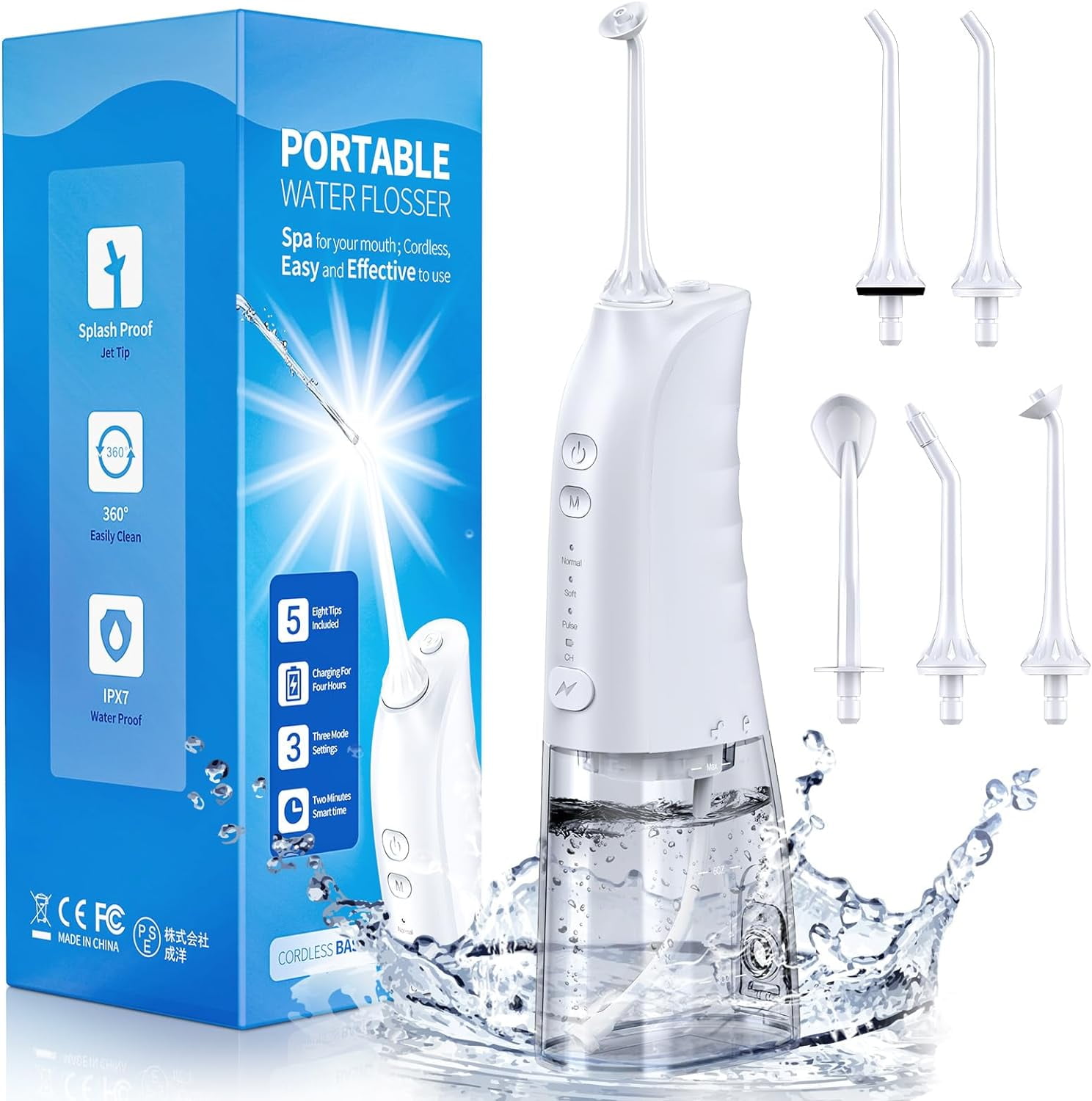 Cordless Water Flosser for Teeth, 300ML 3 Modes 5 Jet Tips Portable ...