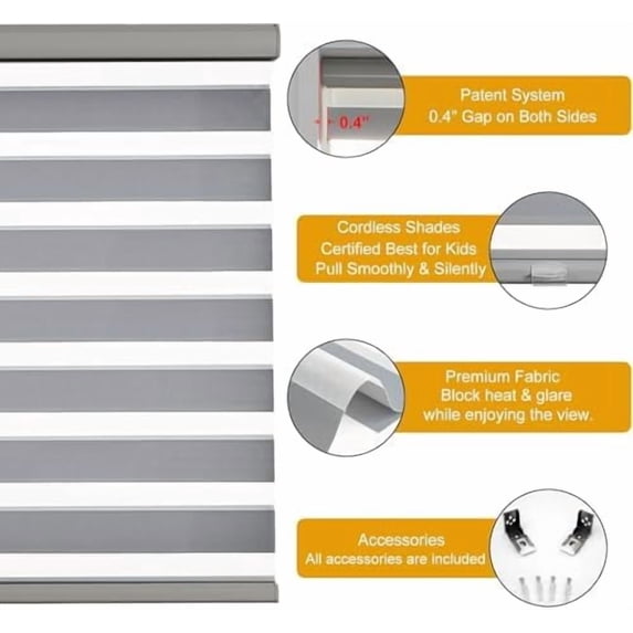 Cordless Zebra Blinds for Windows (35" W X 72" H, Grey) Free-Stop Dual ...