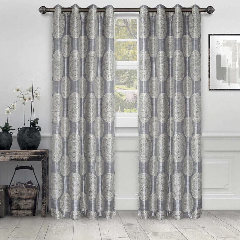 Cordon Jacquard Grommet Top Header Floral Medallion Sheer Curtain Panel ...