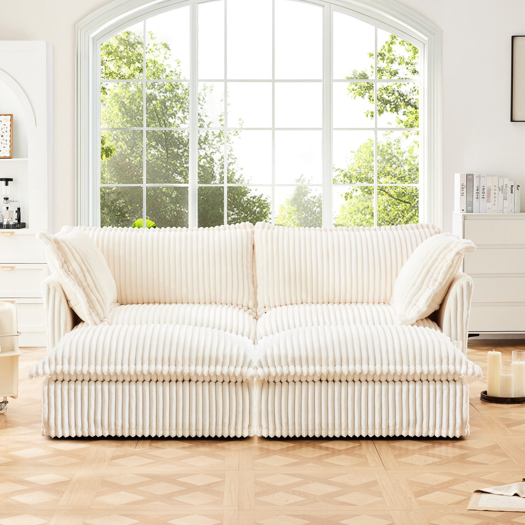 Corduroy 2 Seater With Ottomans, Elegant Cream, Long-term Comfort ...