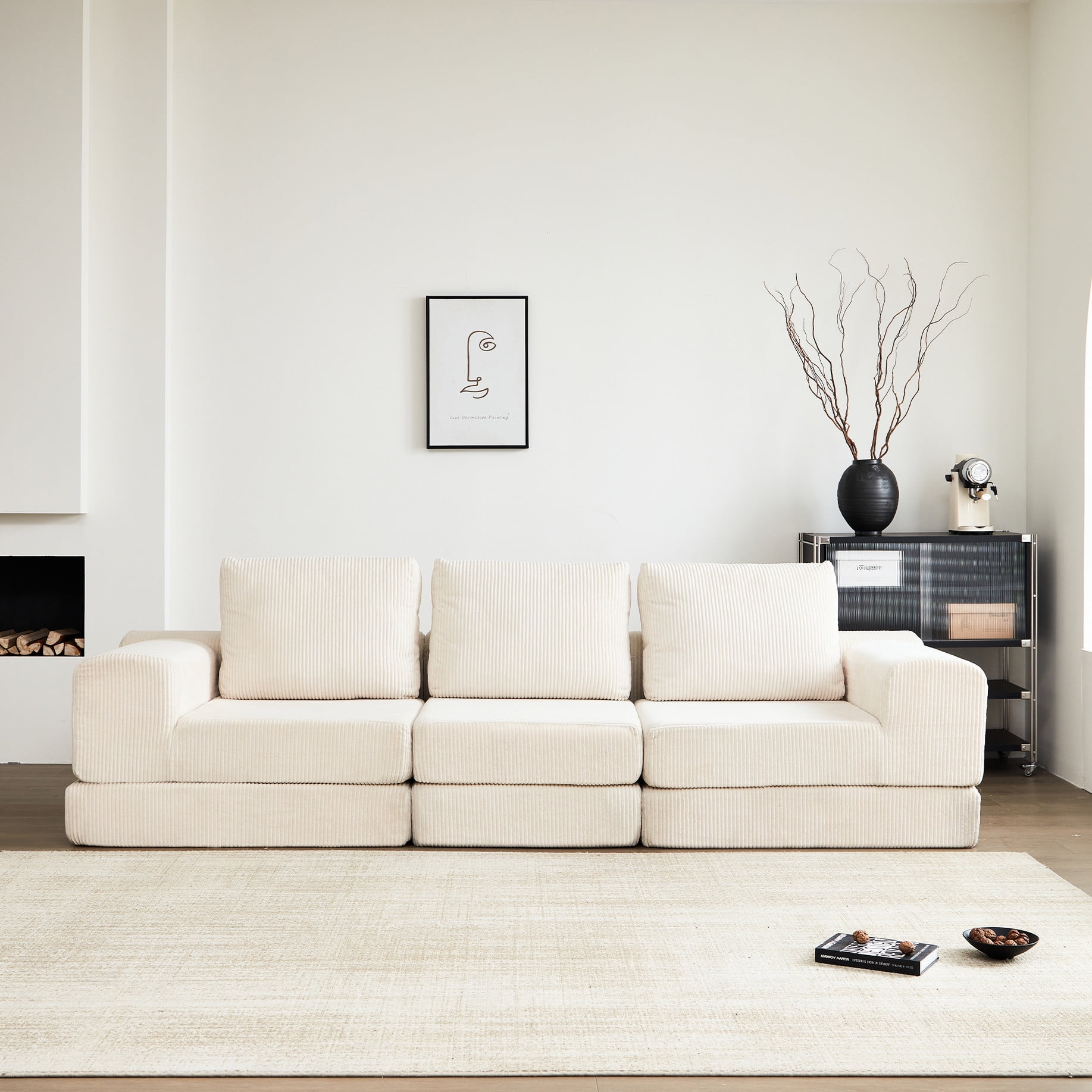 Corduroy 3-Seater Convertible Sofa / Low-Profile Design for ...