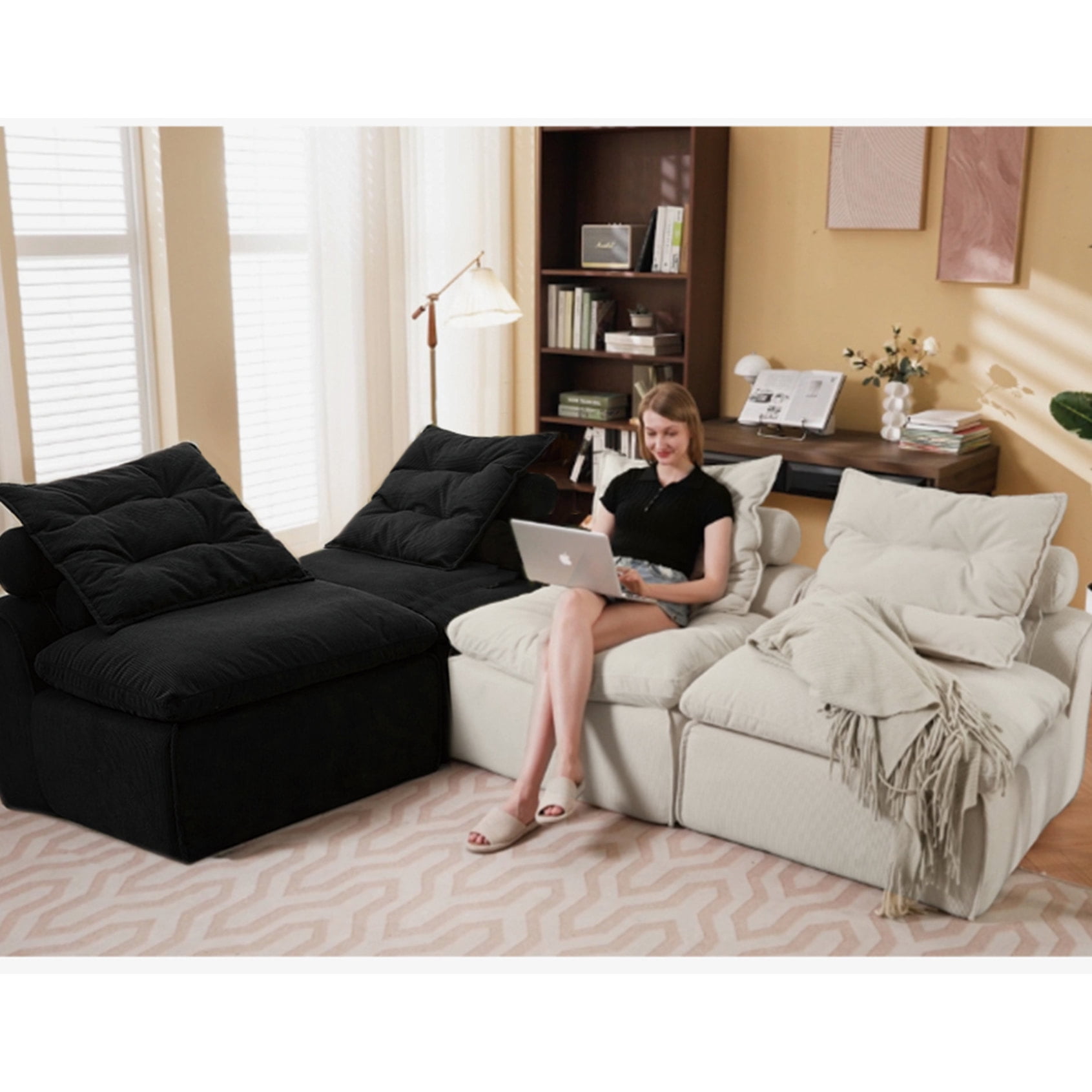 Corduroy 4 - Seat Sofa with Lumbar Pillows / For Working at Home ...