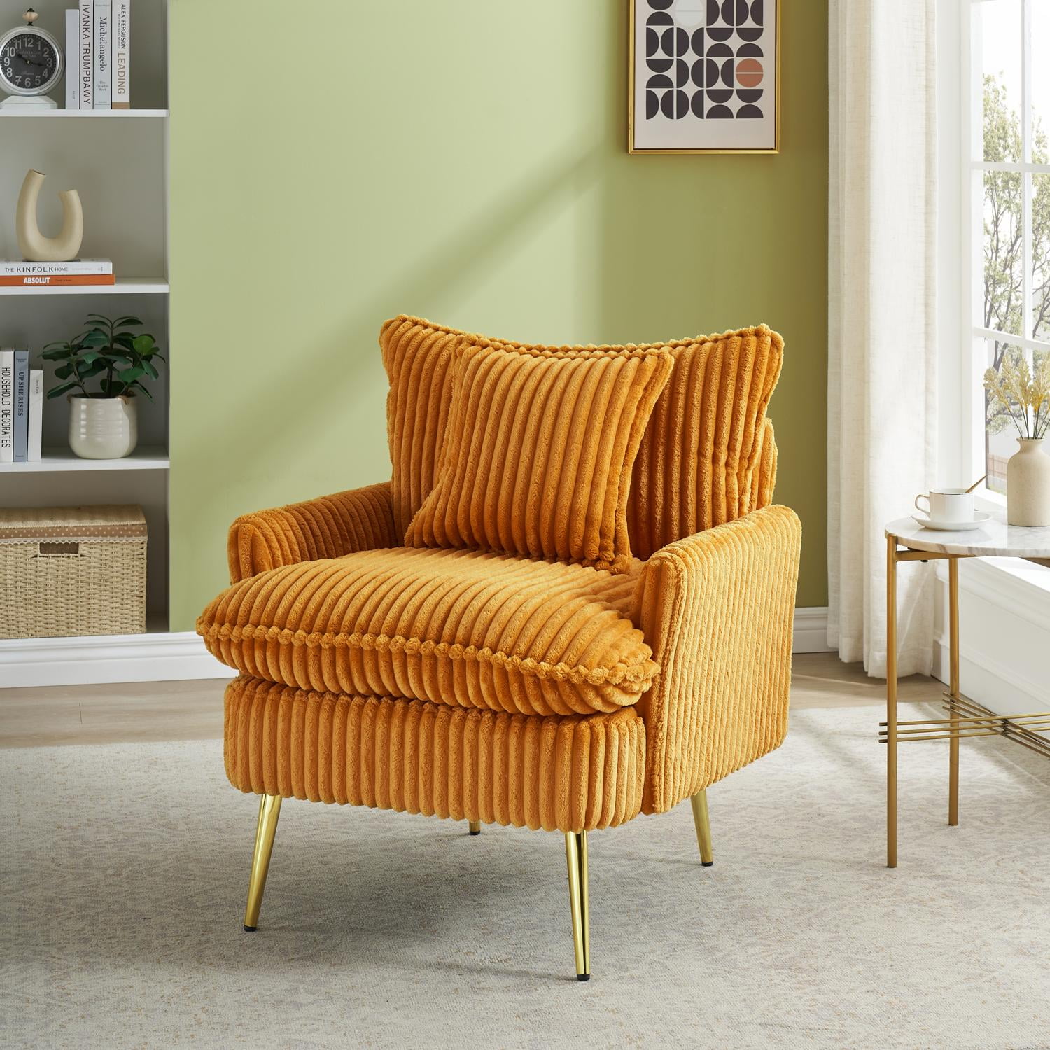 Corduroy Accent Chair with Throw Pillow,Single Armchair with Gold Metal ...