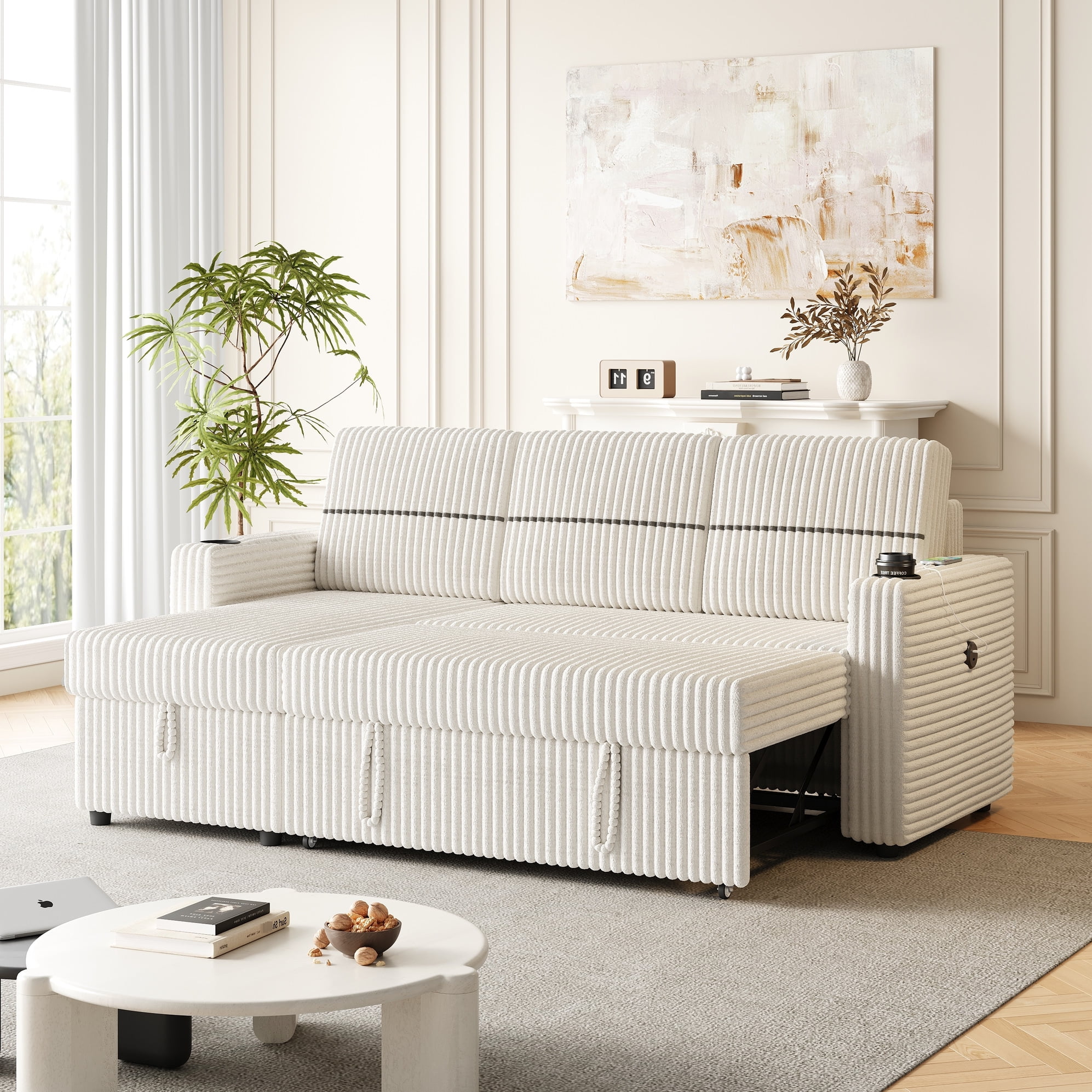 Corduroy Bed With Port, 85 Inches, 3 Seater Sleeper Square Handrail ...