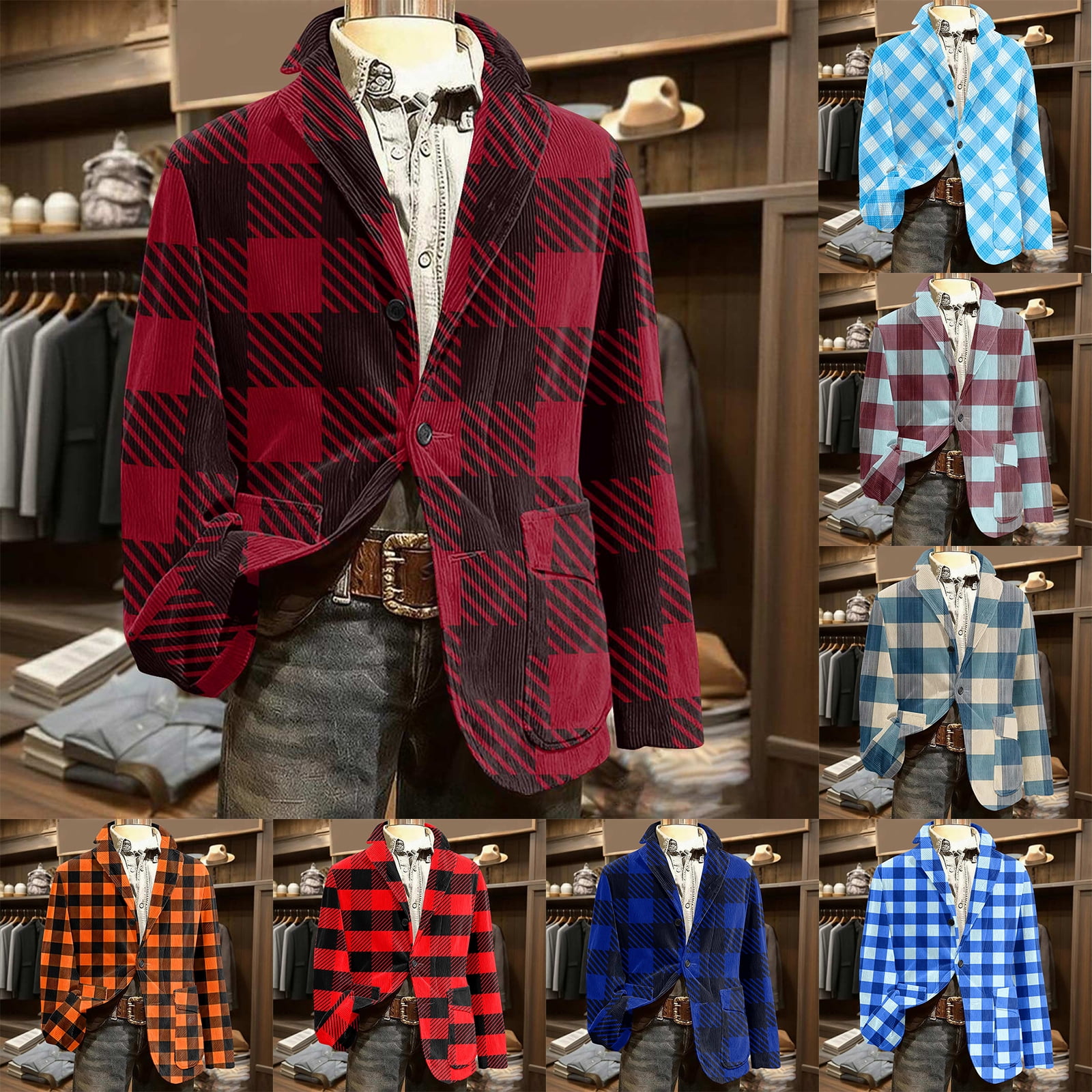 Corduroy Blazer for Men Plaid Print Vintage Casual Slim Fit 3 Button ...
