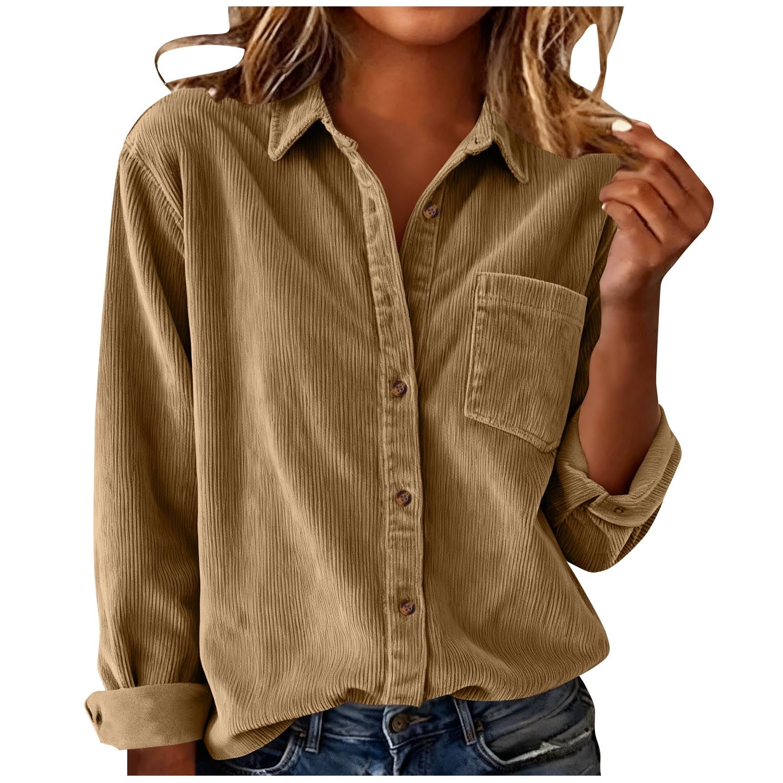 Corduroy Button Down Shirts for Women 2025 Fall Loose Lapel Collor Long ...