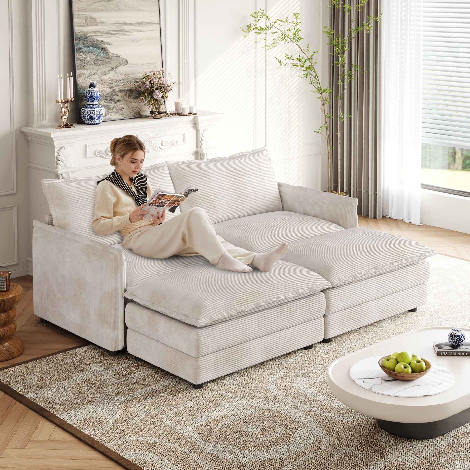 Corduroy Fabric 2-Seater Comfortable Cloud Sofa with 2 Movable ...