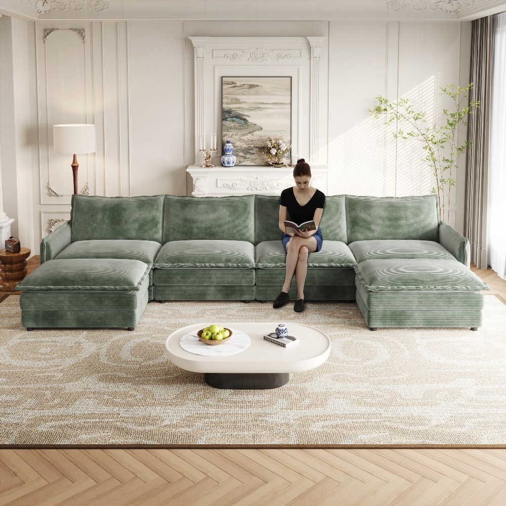 Modern U-Shaped Corduroy Fabric 4-Seater Couch with 2 Movable Footrests ...
