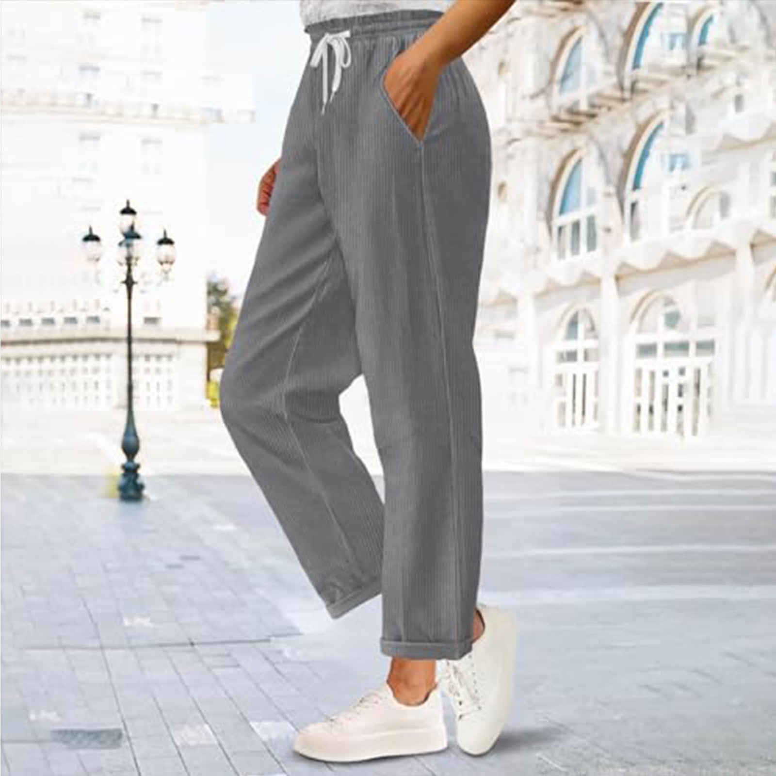 Corduroy High Waisted Straight Leg Trousers for Women Casual Baggy ...