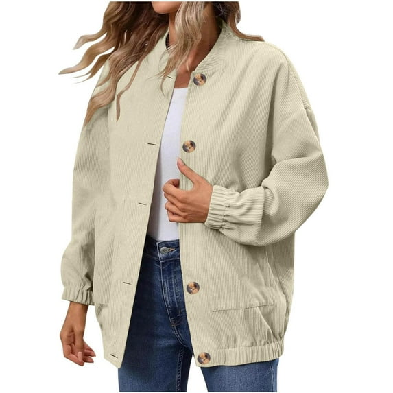 Corduroy Jackets for Women Button Down Jacket Stand Collared Long ...