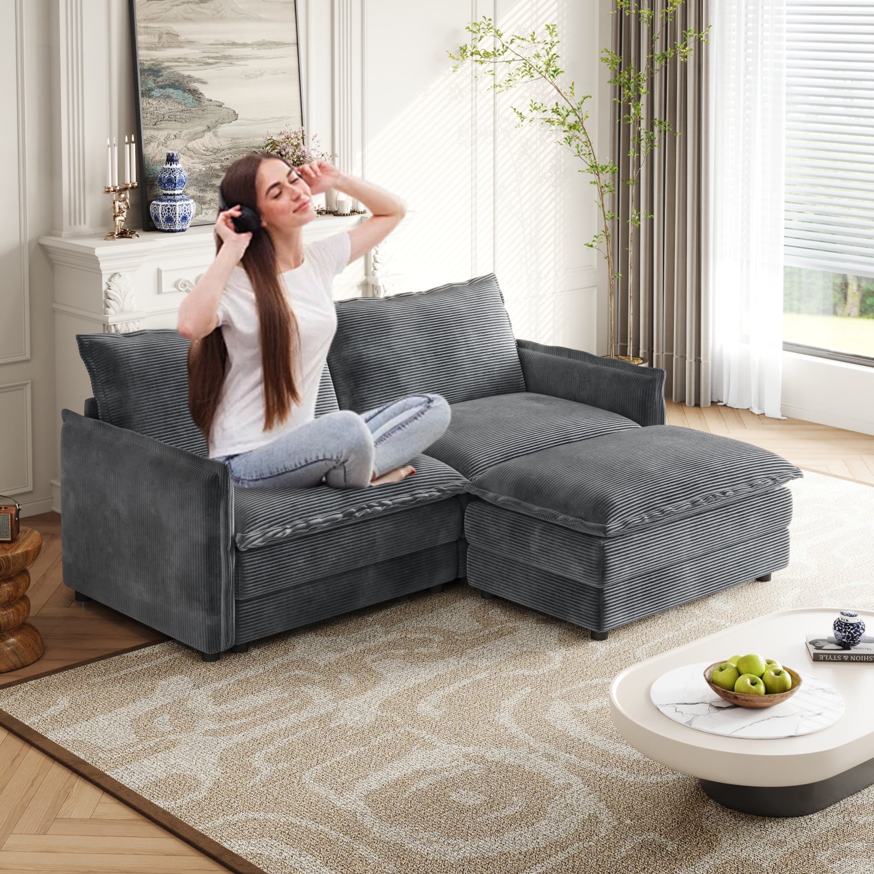 Corduroy L Shaped Sectional Sofa with Ottoman - Modular 2 Seater Design ...