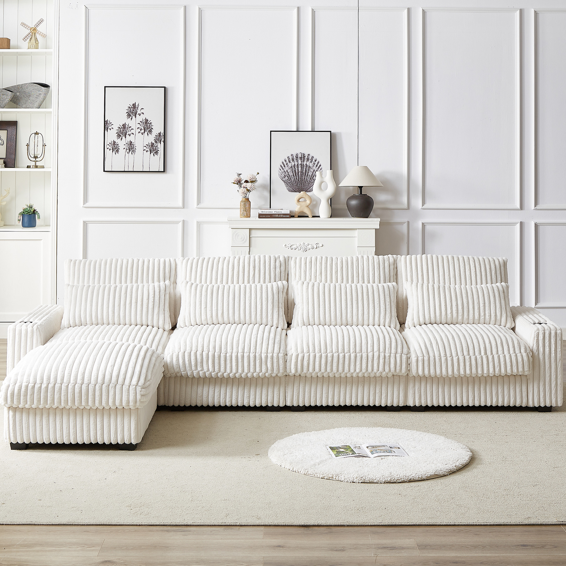 Corduroy L-shaped With Cup Holder, Movable Footrest, 4 Back Pillows ...