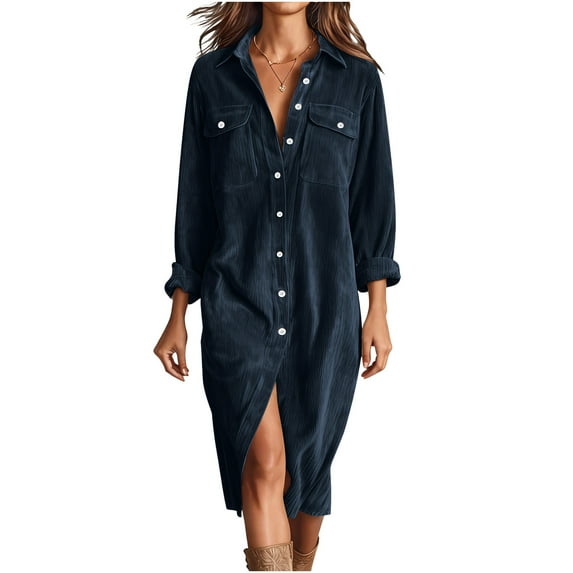 Corduroy Long Sleeve Maxi Dresses for Women Spring Button Down Work ...