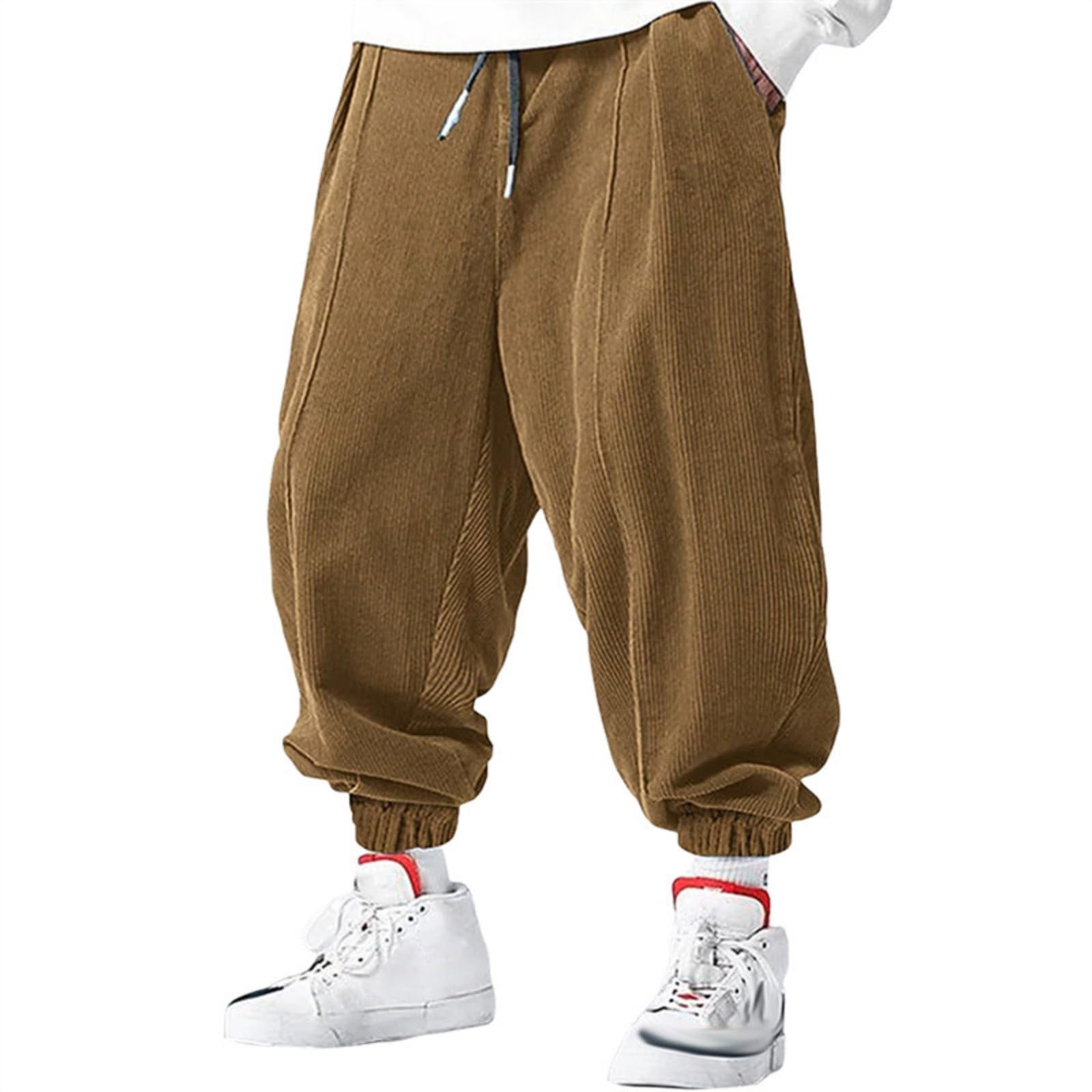 Corduroy Loose Fit Tapered Pants with Drawstring Waistband and Elastic ...