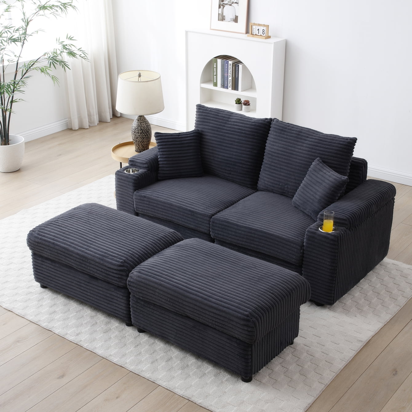 Corduroy Loveseat with Ottomans, Oversized Chaise Lounge with Cup ...