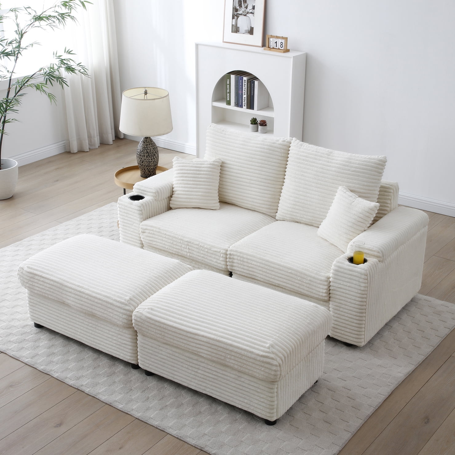 Corduroy Loveseat with Storage Ottomans & Oversized Chaise Lounge with ...