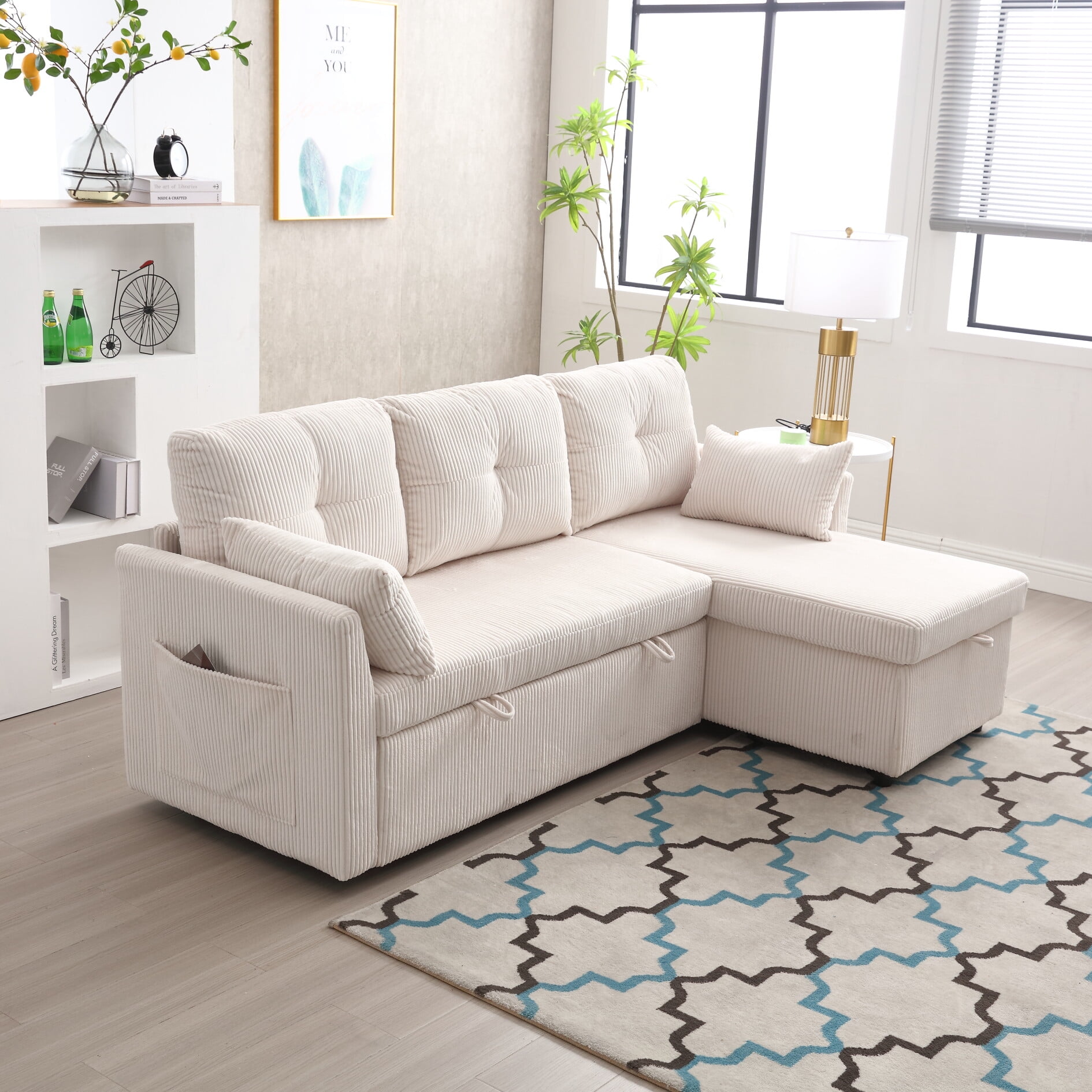 Corduroy Modular L-Shaped Sofa with Side Pocket, 4 Seater Sleeper Sofa ...