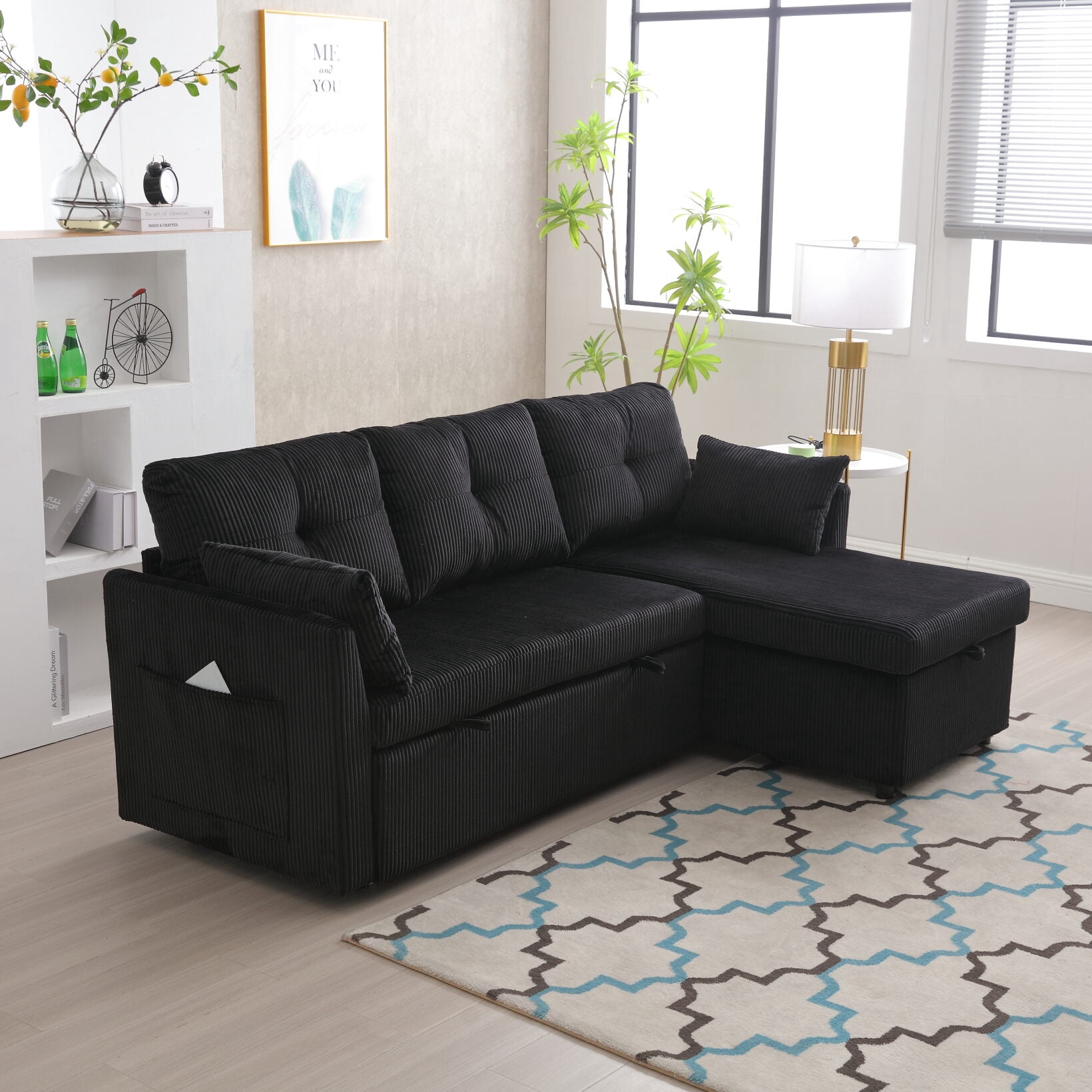 Corduroy Modular L-Shaped Sofa with Side Pocket, 4 Seater Sleeper Sofa ...