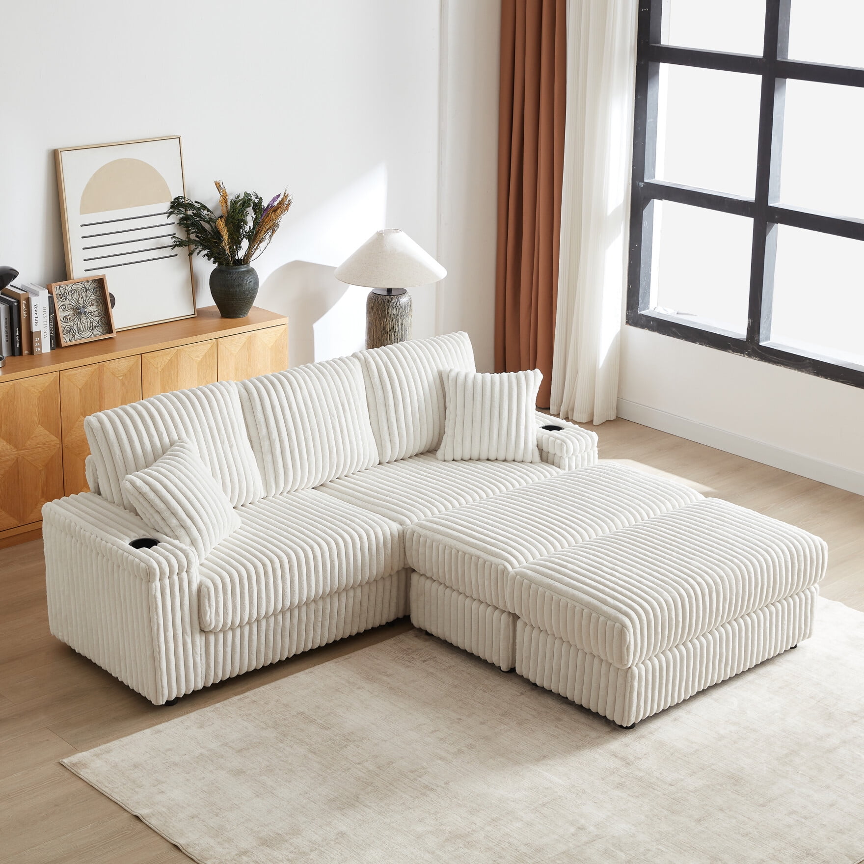 Corduroy Modular Sectional Sofa Daybed with Movable Ottoman and Cup ...
