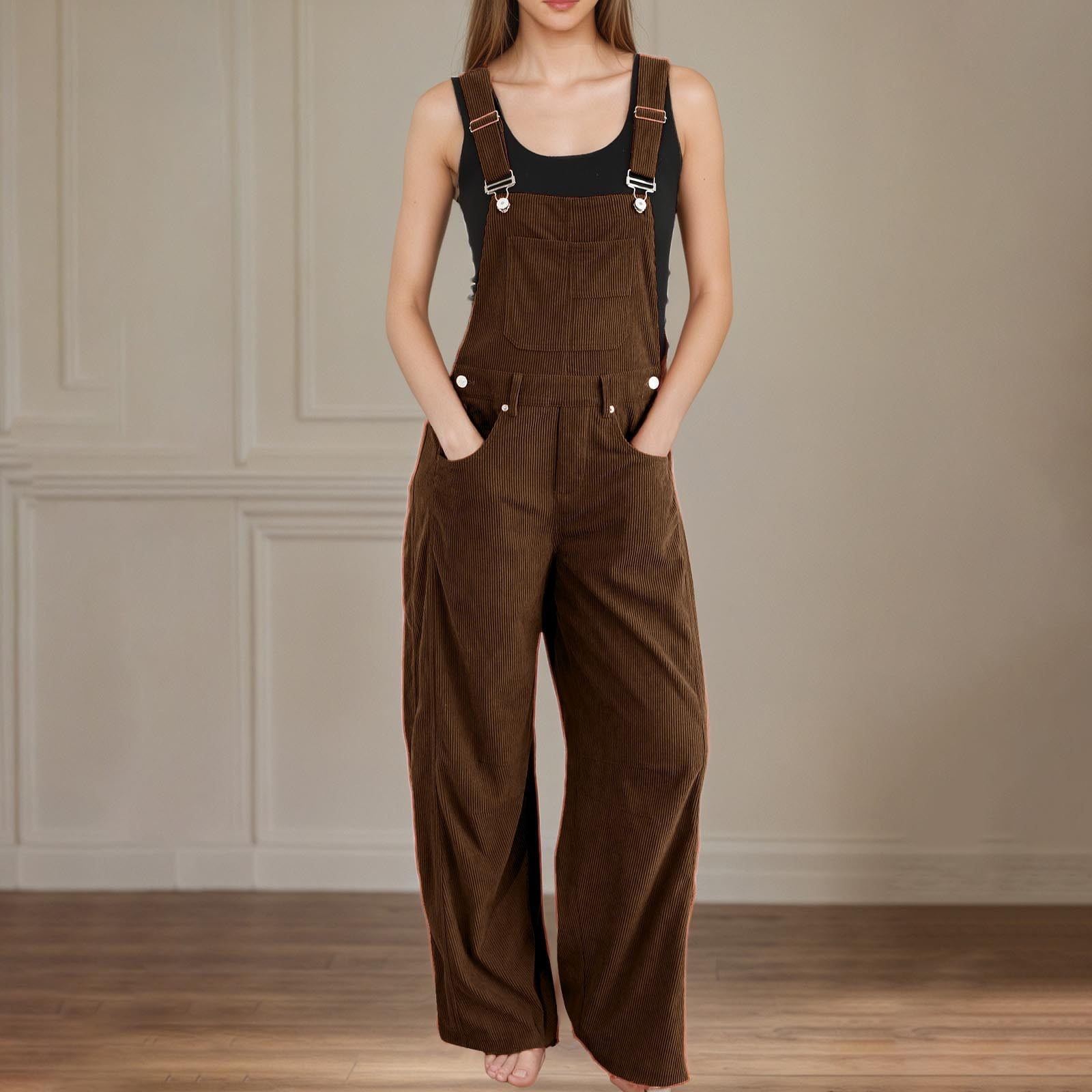 Corduroy Overalls For Women Barrel Wide Leg Bib Pants Adjustable Strap ...