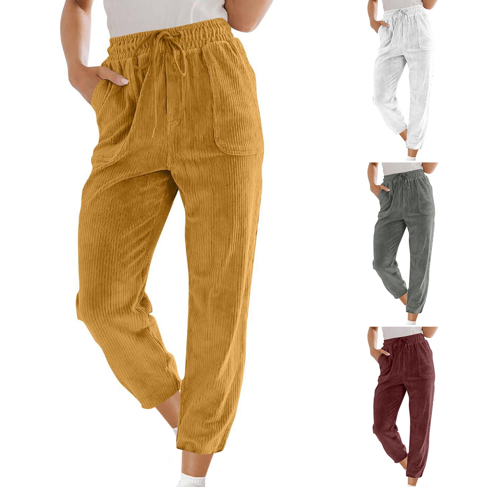 Corduroy Pants for Women Elastic Waist Drawstring Solid Color Pocket ...