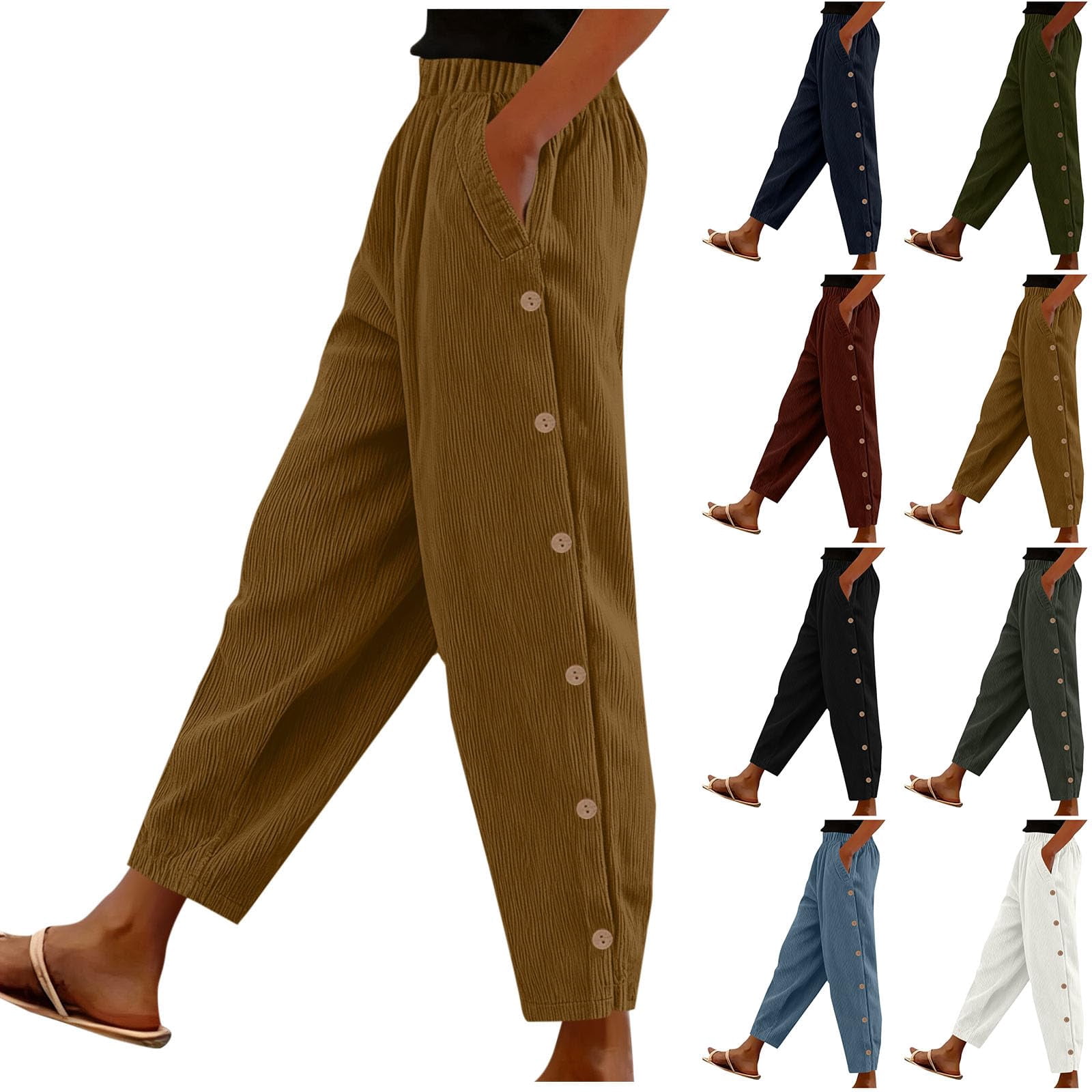 Corduroy Pants Women Stretch Elastic Waist Casual Pants Side Button ...