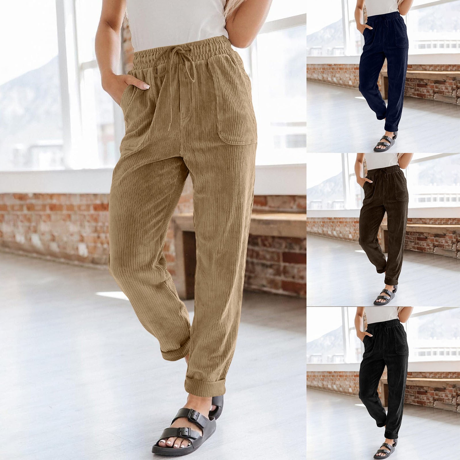 Corduroy Pants for Women Drawstring Elastic High Waist Pull On Straight ...
