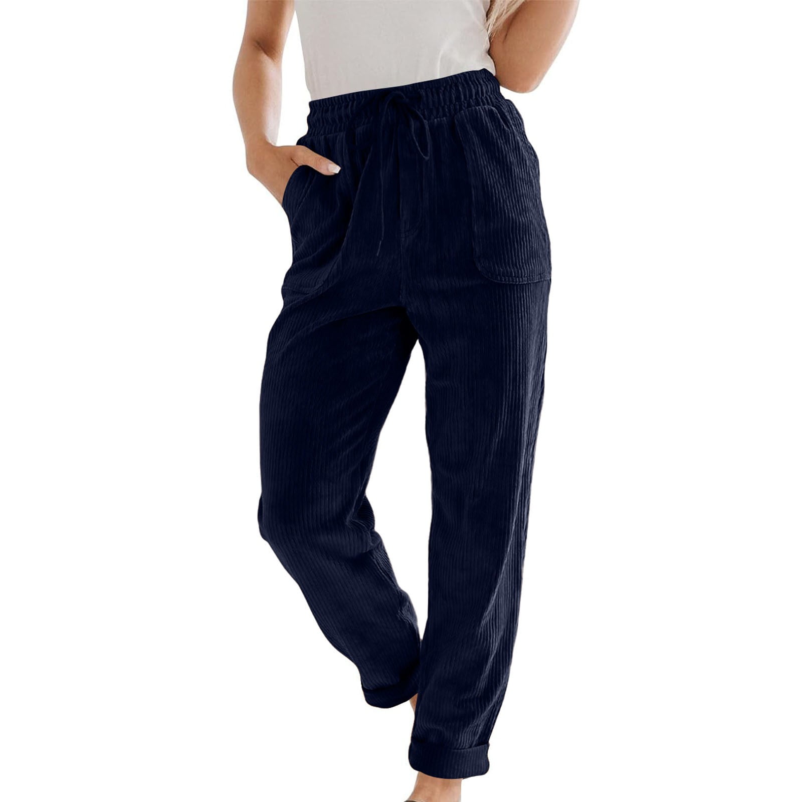 Corduroy Pants for Women Drawstring Elastic High Waist Pull On Straight ...