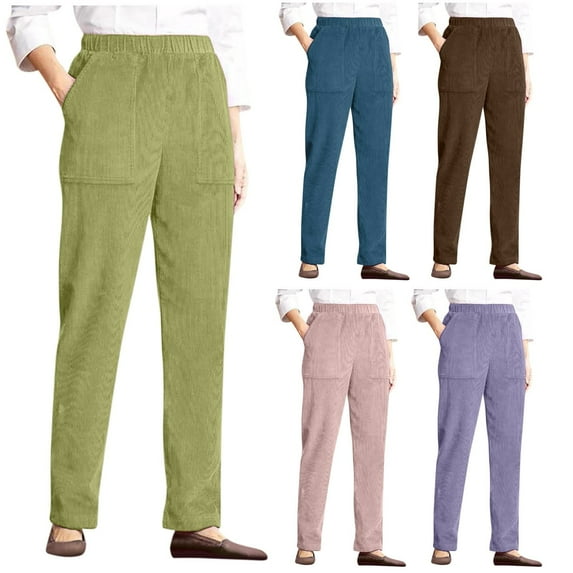 Corduroy Pants for Women Elastic High Waist Pull On Straight Leg Slacks ...