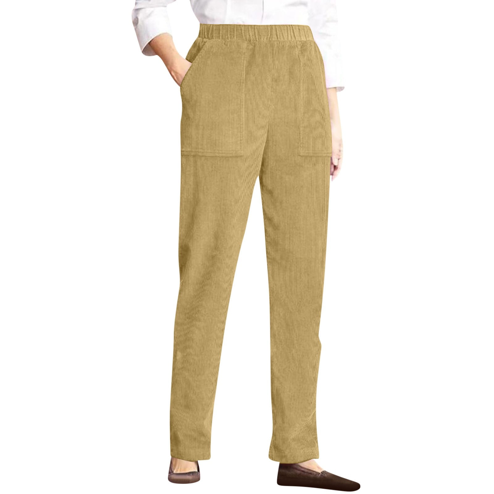 Corduroy Pants for Women Elastic High Waist Pull On Straight Leg Slacks ...