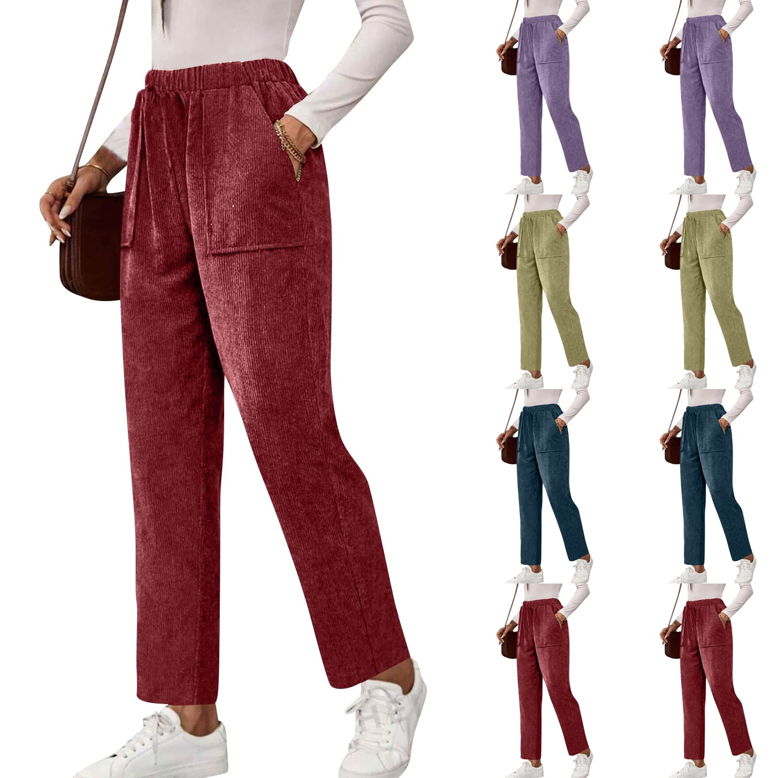 Corduroy Pants for Women Elastic High Waist Pull On Straight Leg Slacks ...