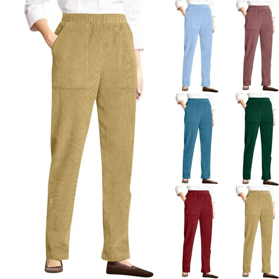 Corduroy Pants for Women Elastic High Waisted Pull On Soft Comfortable ...