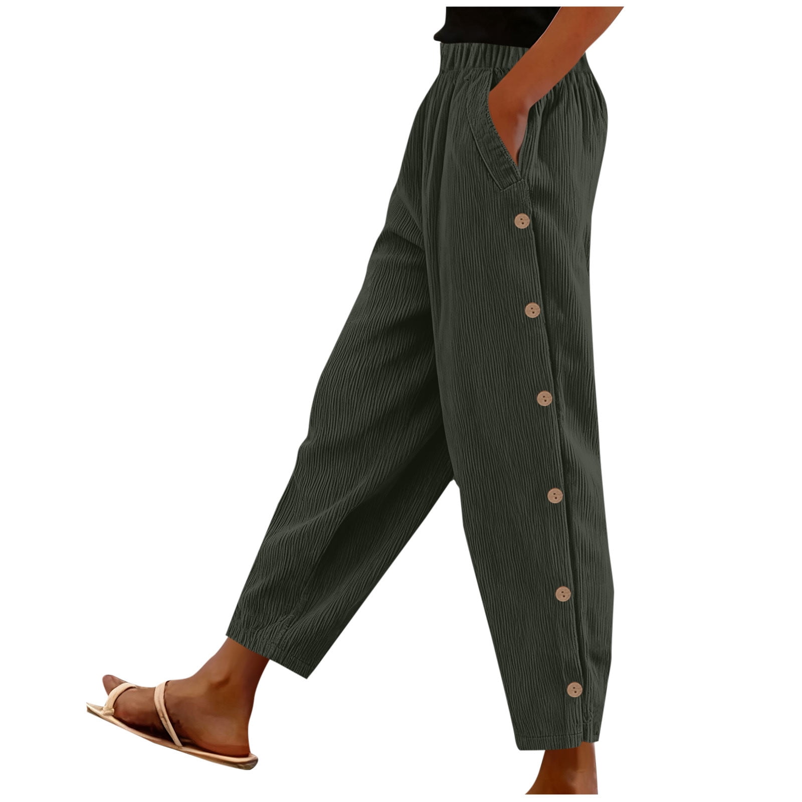 Corduroy Pants for Women Side Button Elastic Waist Straight Leg Casual ...