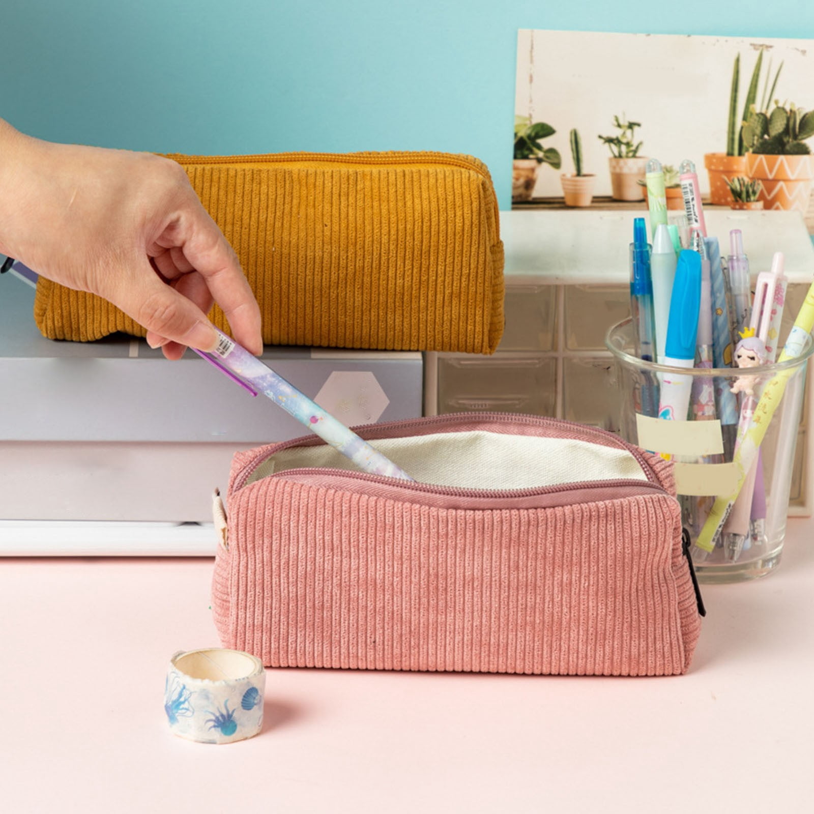 Corduroy Pencil Case Retro Solid Color Stationery Bag for Office Art ...