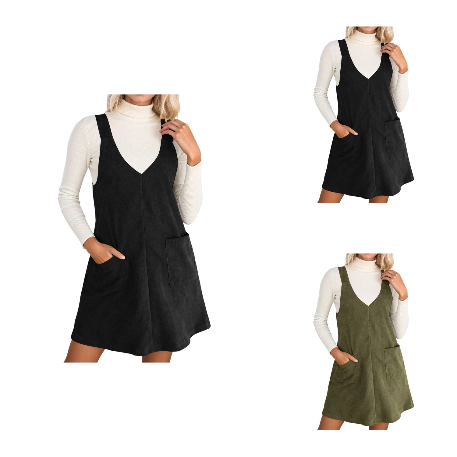 Corduroy Pinafore Dress for Women, A-Line V-Neck Sleeveless Overall ...