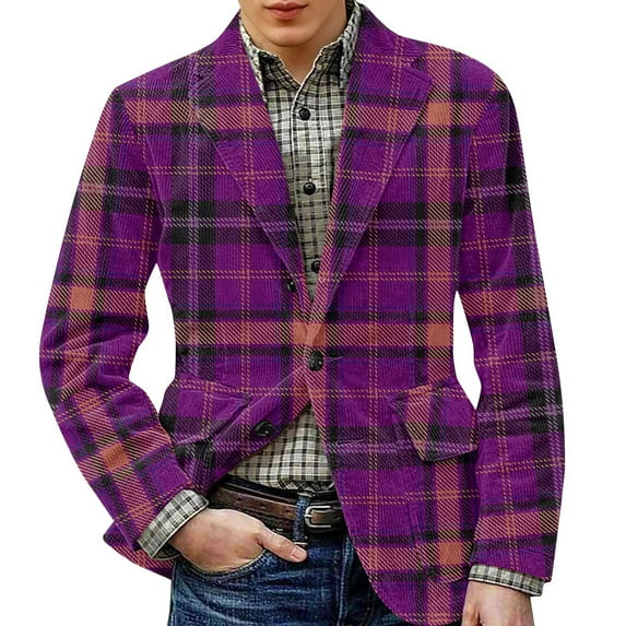 Corduroy Plaid Sport Coat for Men Slim Fit Vintage Casual 3 Button ...