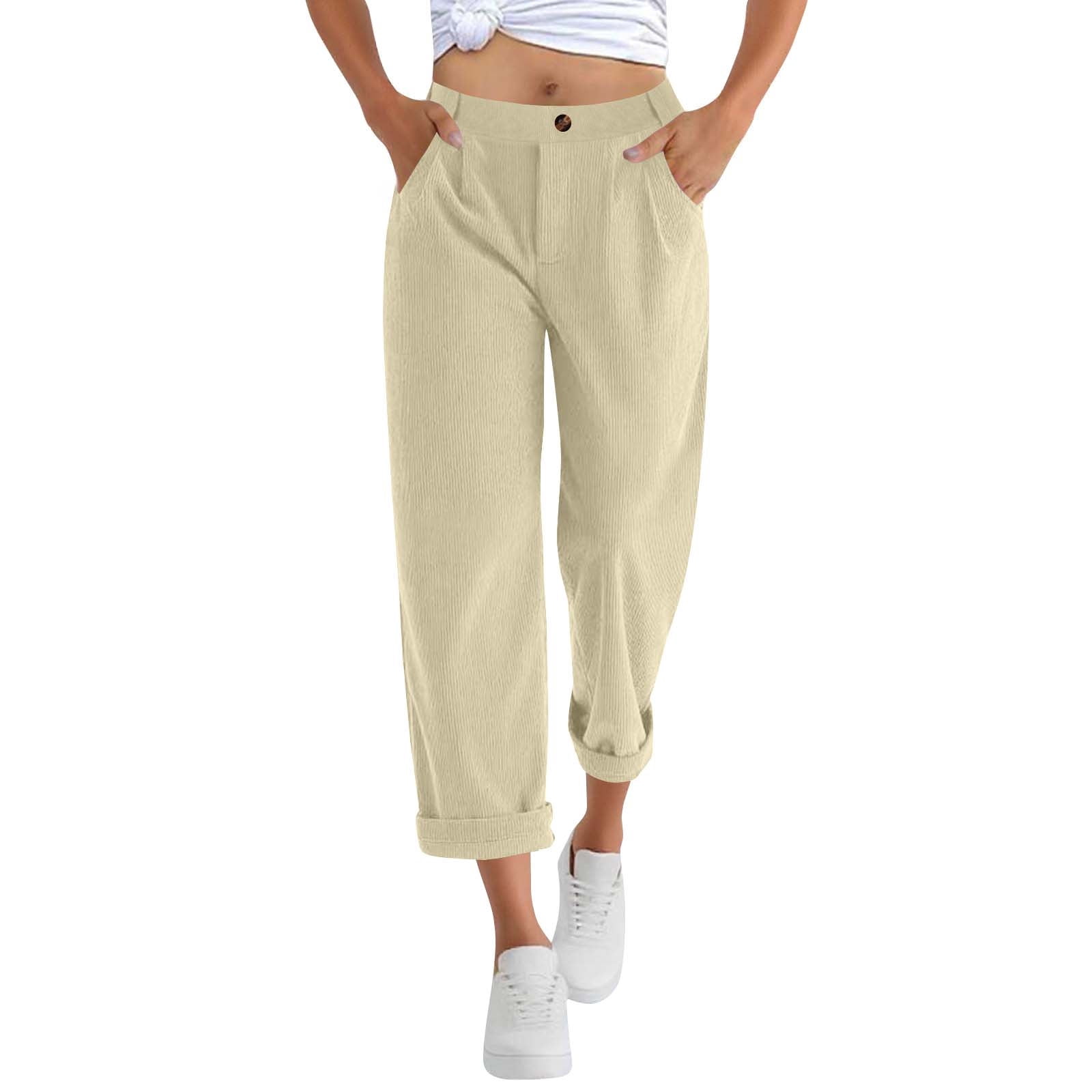 Corduroy Pleated Pants for Women Casual Stretchy High Waisted Straight ...