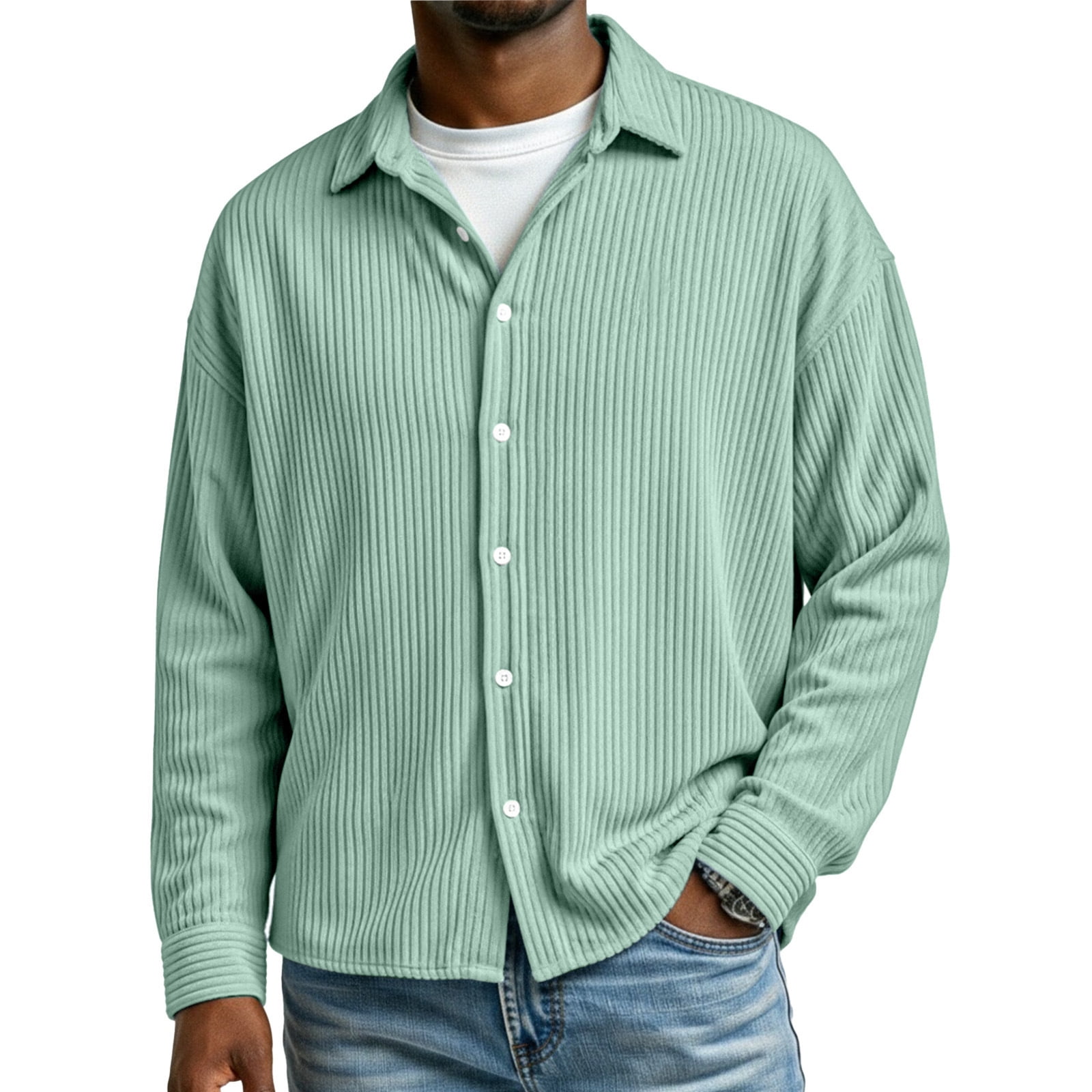Corduroy Shirt Men Casual Solid Button Down Long Sleeve Dress Shirt ...