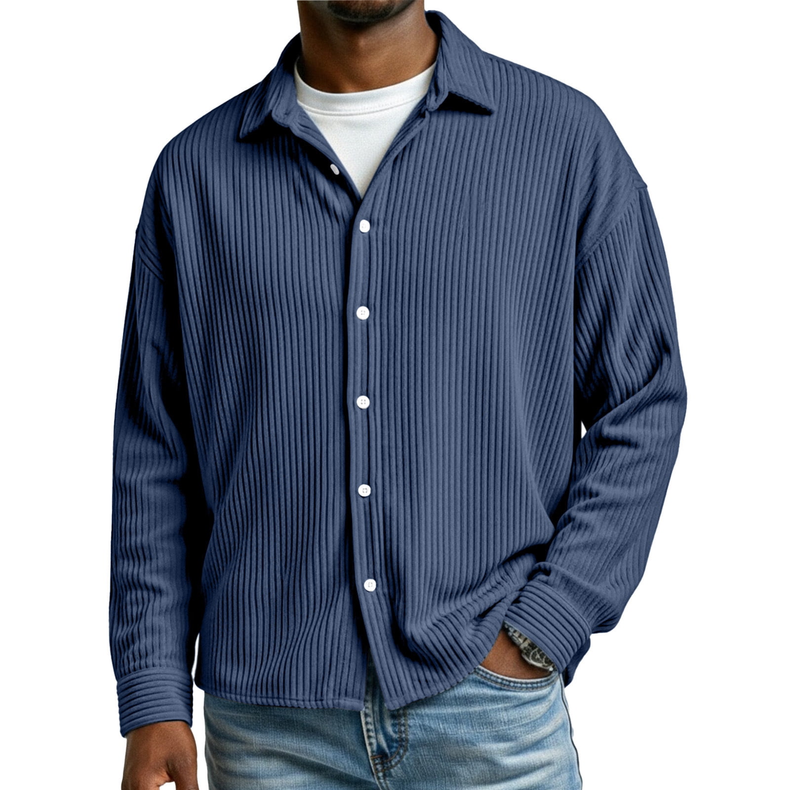 Corduroy Shirt Men Casual Solid Button Down Long Sleeve Dress Shirt ...