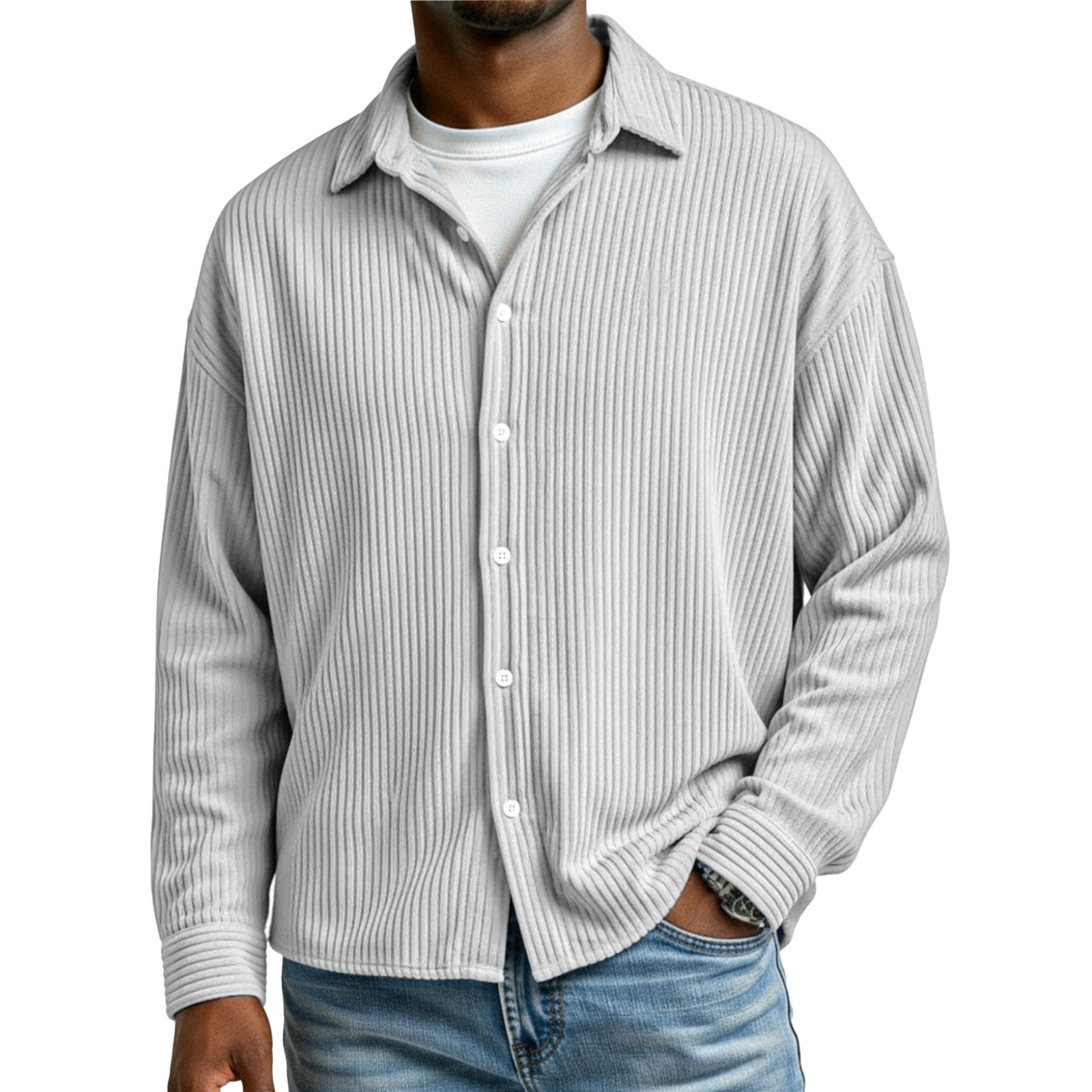 Corduroy Shirt Men Casual Solid Button Down Long Sleeve Dress Shirt ...