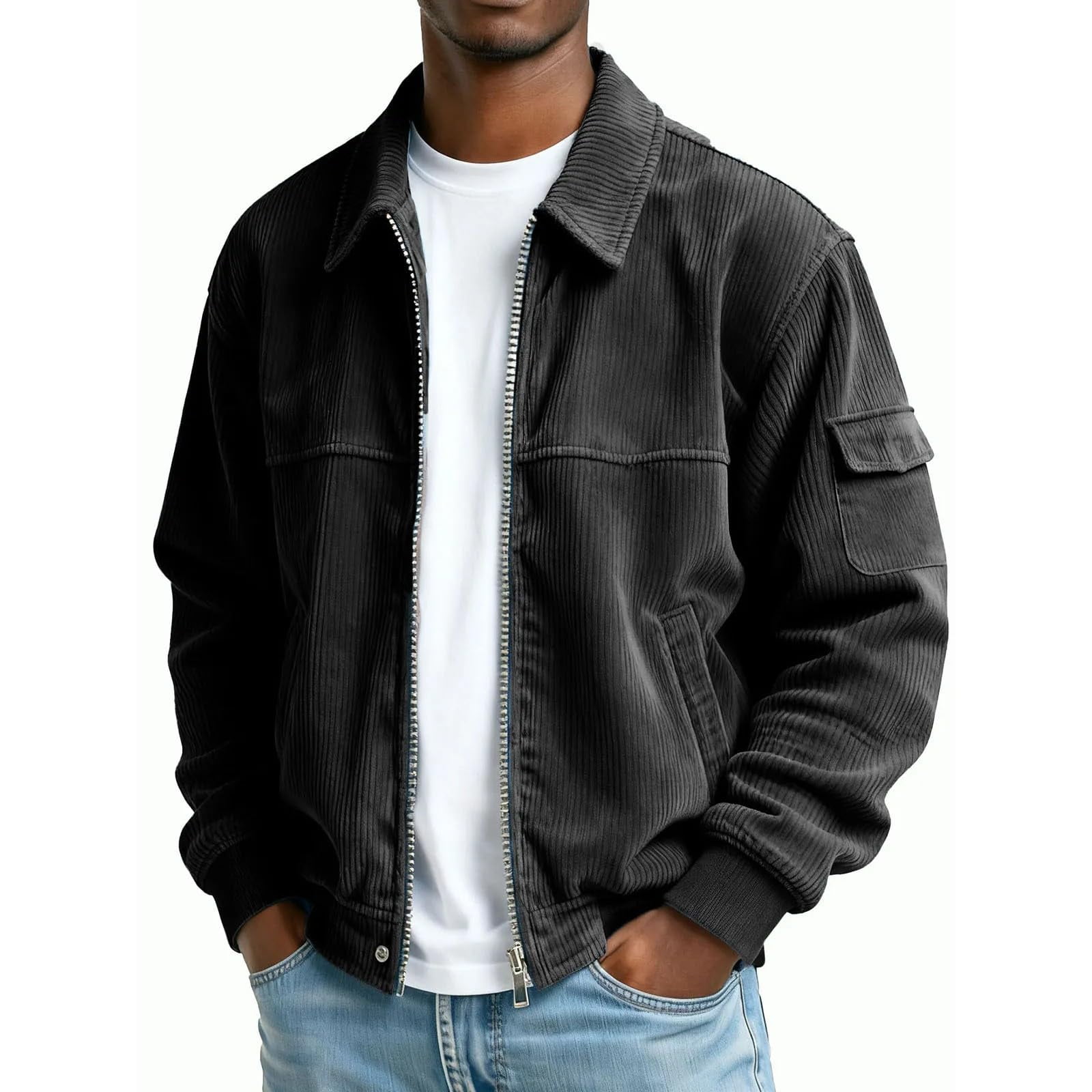 Corduroy Shirt Men Casual Zip Up Jacket Shackets Long Sleeve Collared ...